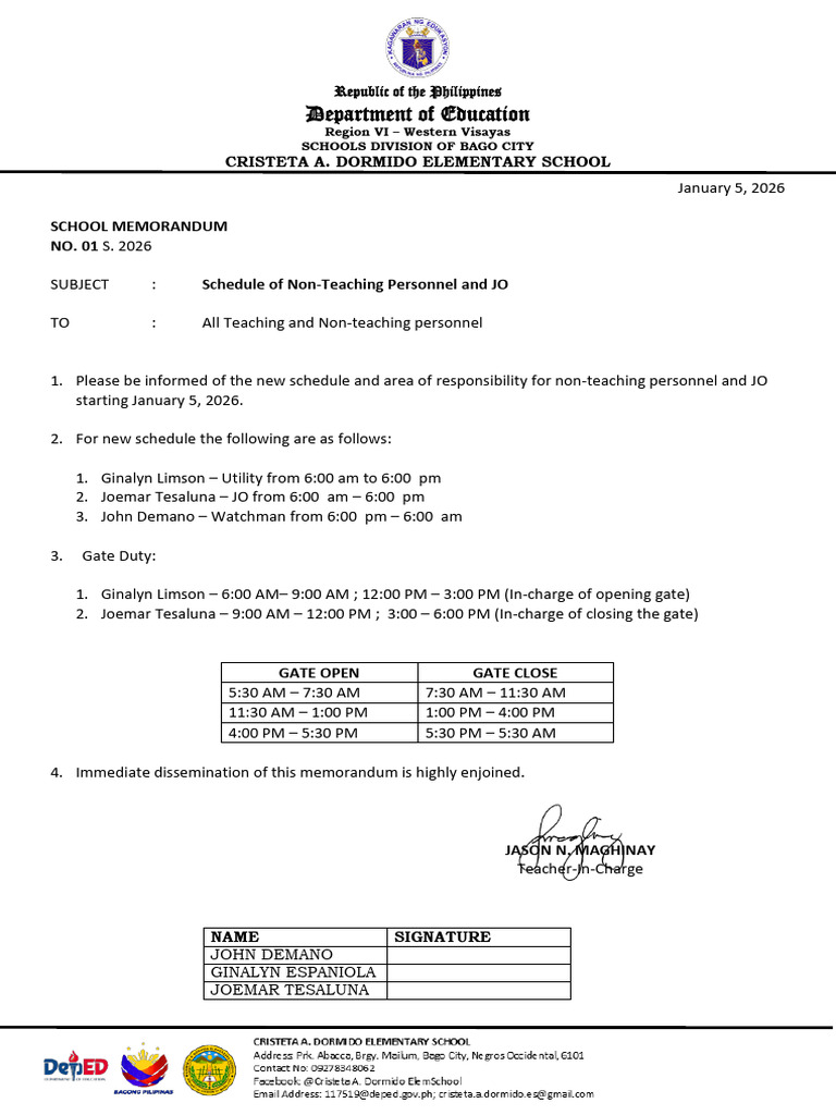 No. 1 Schedule of Gate Duty | PDF