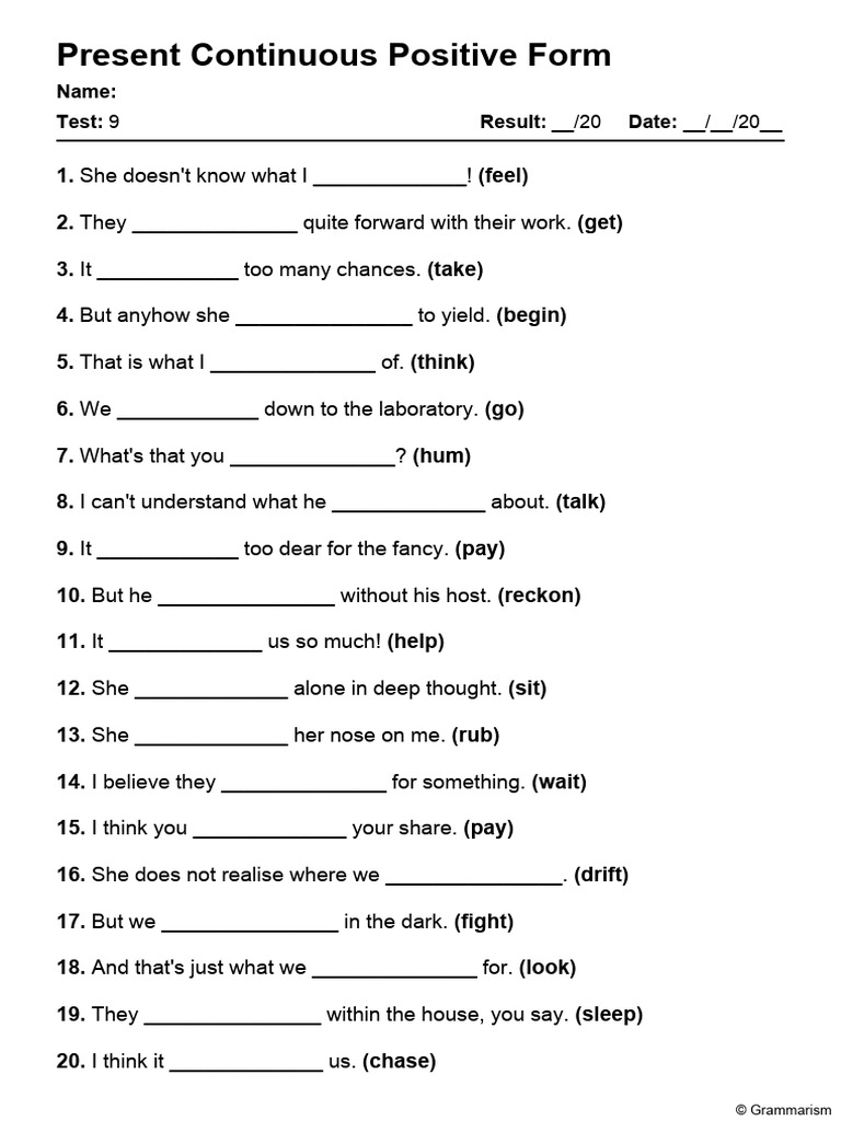Present Continuous Positive Form Quiz | PDF