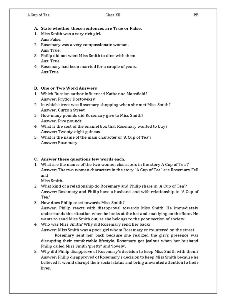 A Cup of Tea: Class XII Study Guide | PDF | Jealousy | Psychology