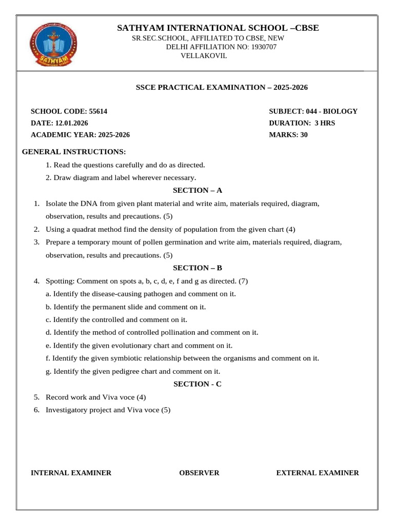 CBSE Biology Practical Exam 2026 | PDF