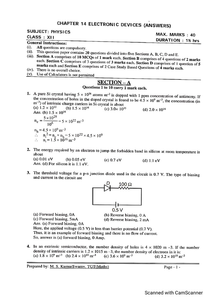 Physics Class Xii Chapter 14 Electronic Devices Practice Paper 14 2024 ...