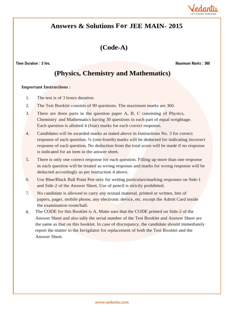 JEE Main 2015 Solutions and Answers | PDF | Force | Gases