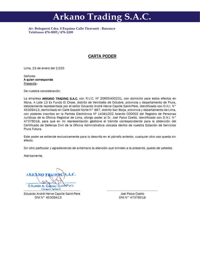 Carta Poder - Autoriza a Joel Paico Trámite Cert Defensa Civil Ofic Adm ...