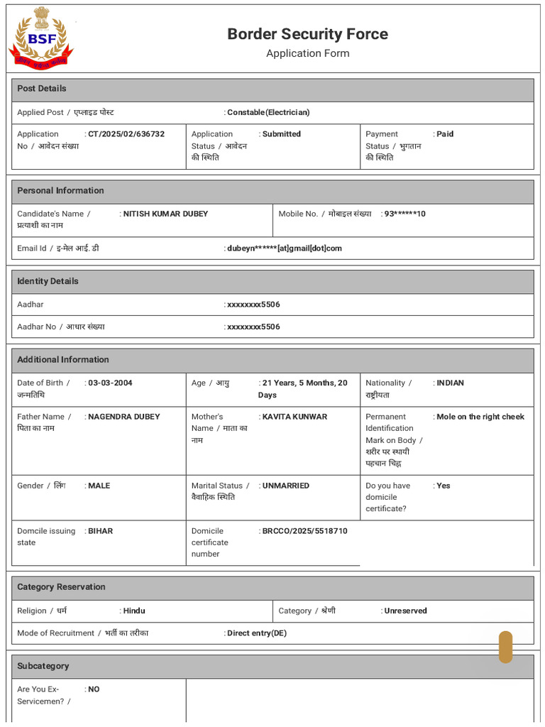 BSF Constable Application Form Details | PDF | Justice | Crime & Violence