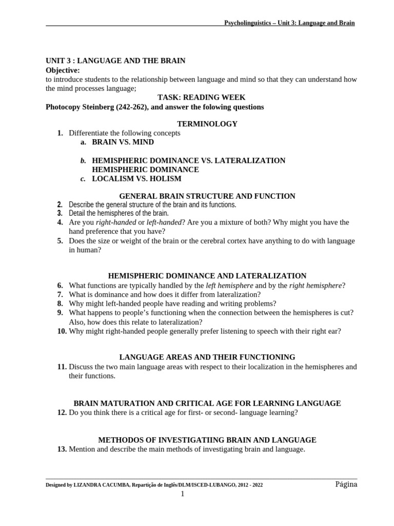 Unit 4 Language and The Brain Students | PDF | Lateralization Of Brain ...