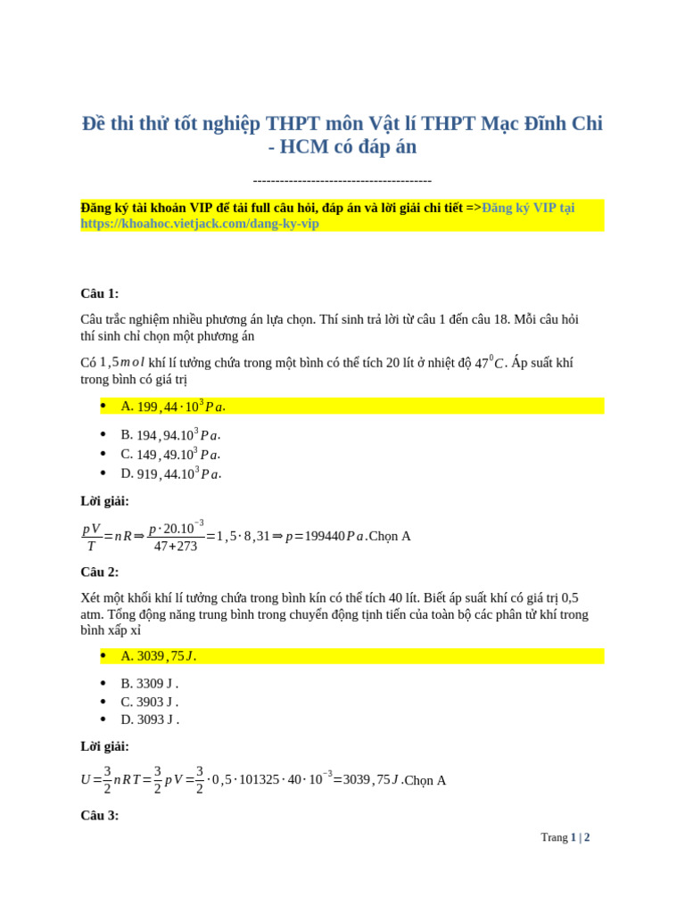 De Thi Thu Tot Nghiep THPT Mon Vat Li THPT Mac Dinh Chi HCM Co Dap An ...