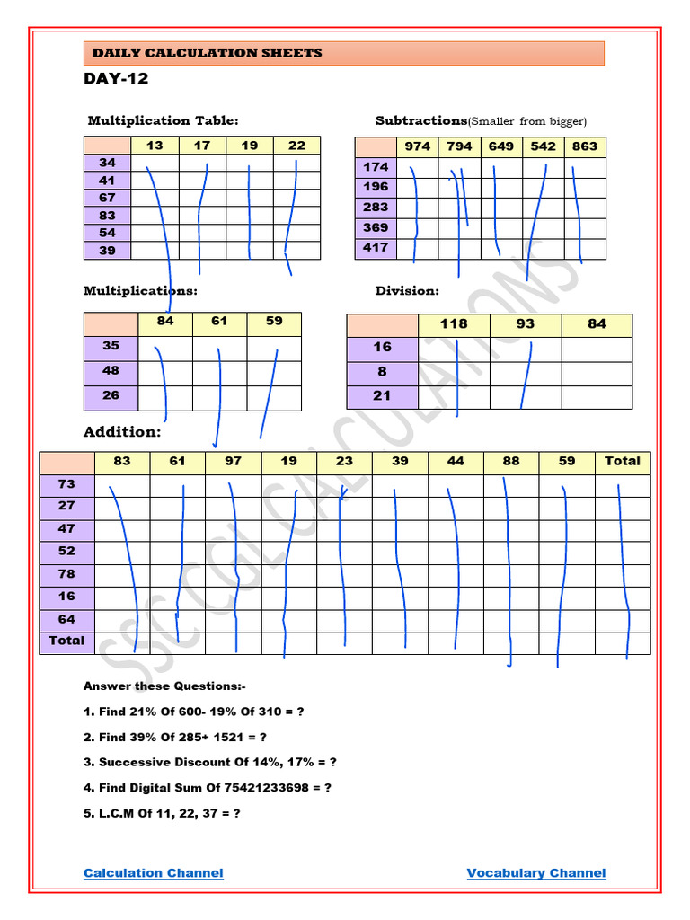 Day 12 Calculation Sheet | PDF | Arithmetic | Elementary Mathematics