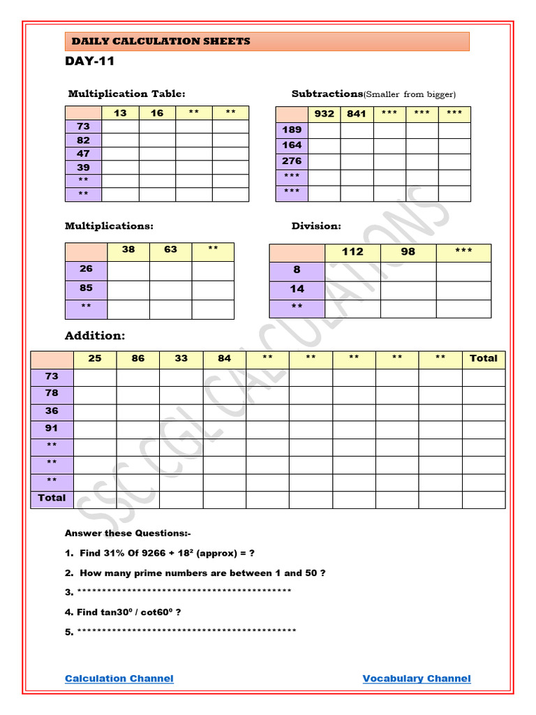 Day 11 Calculation Sheet Sample | PDF