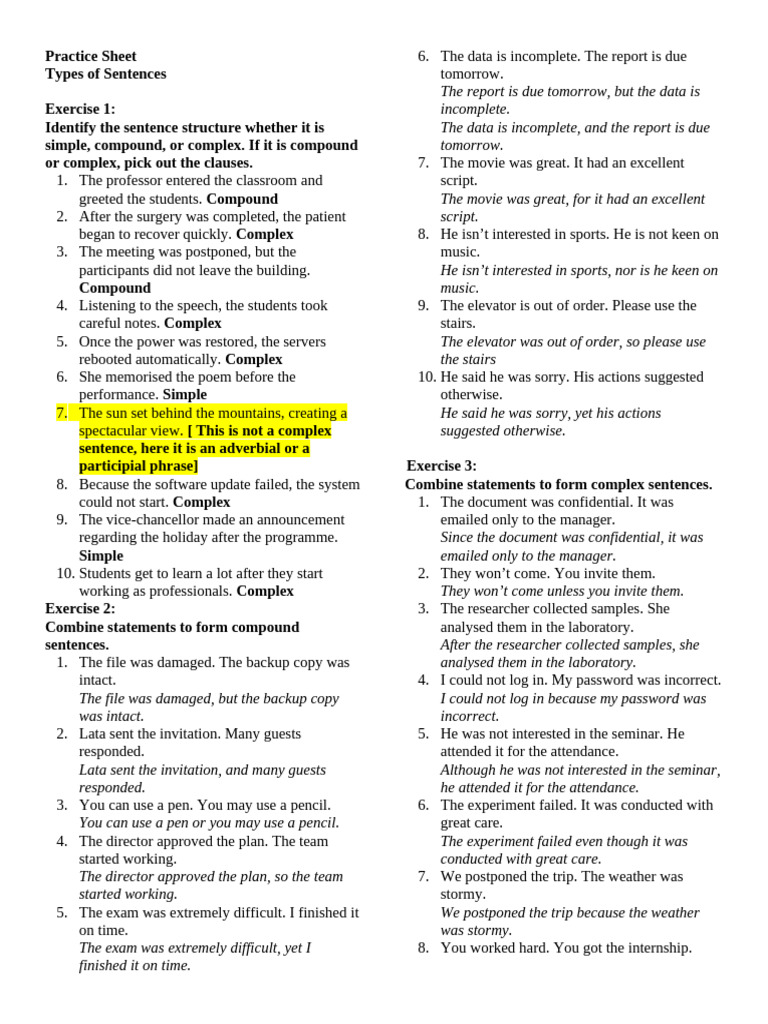 Sentence Structure Practice Exercises | PDF | Sentence (Linguistics ...