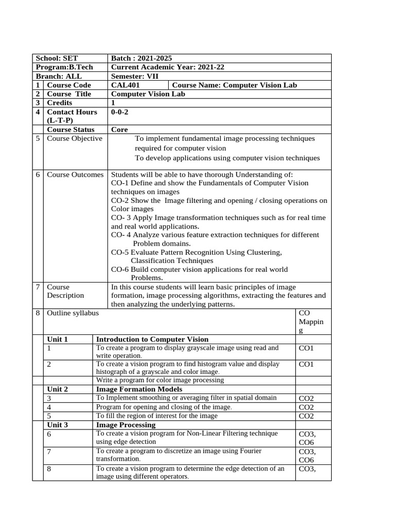 CAL401 Computer Vision Lab Syllabus | PDF | Computer Vision | Computer ...