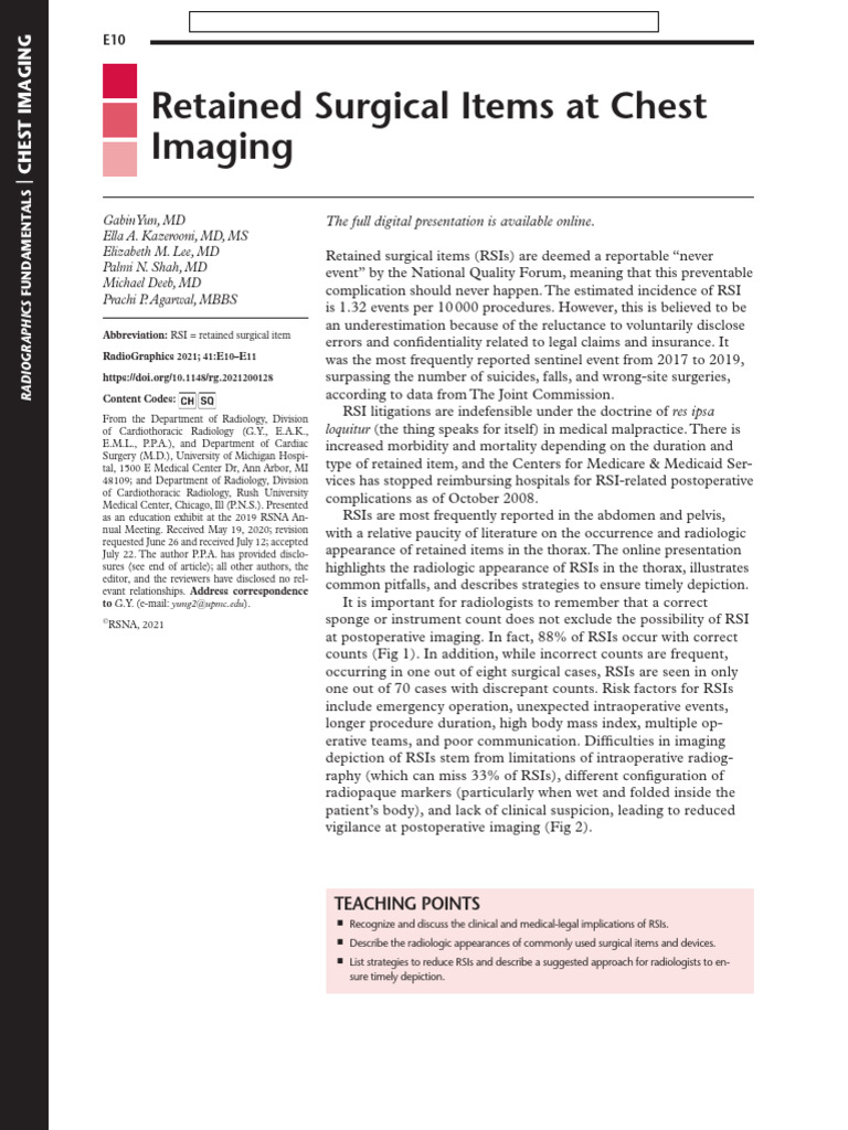Retained Surgical Items at Chest Imaging | PDF | Medicine | Health Care