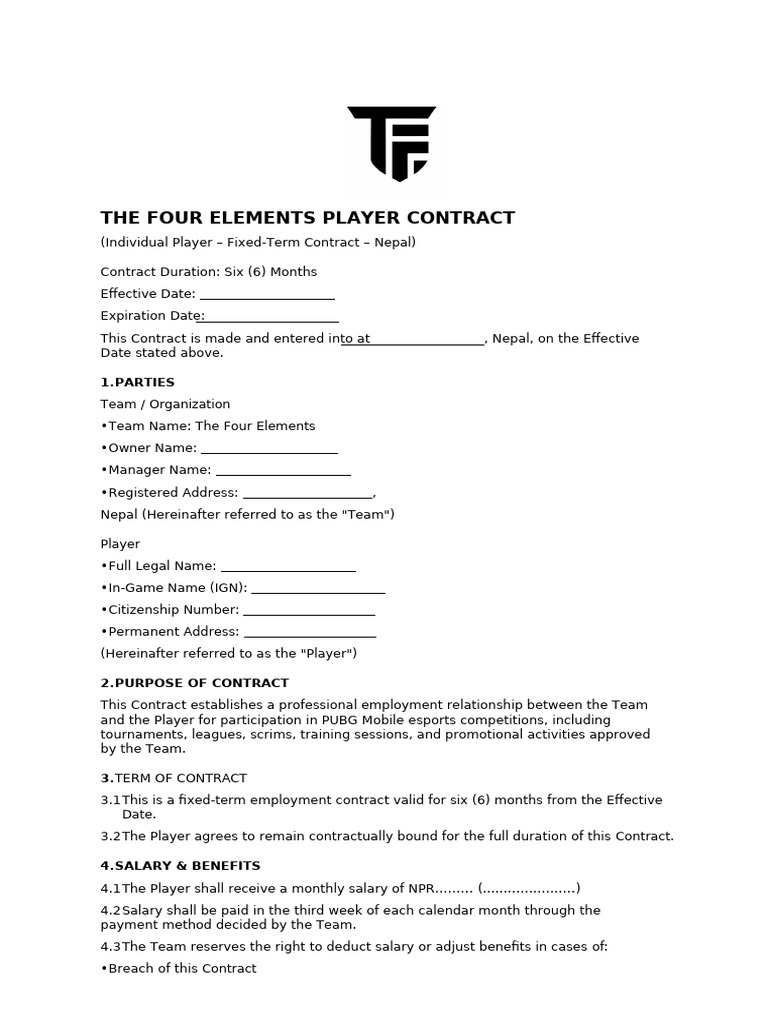 Four Elements Player Contract - Nepal | PDF | Breach Of Contract ...