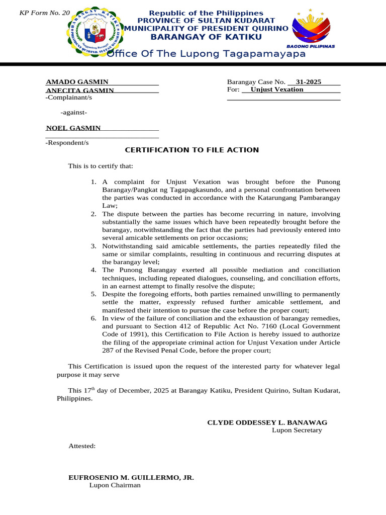 Certification for Unjust Vexation Case | PDF
