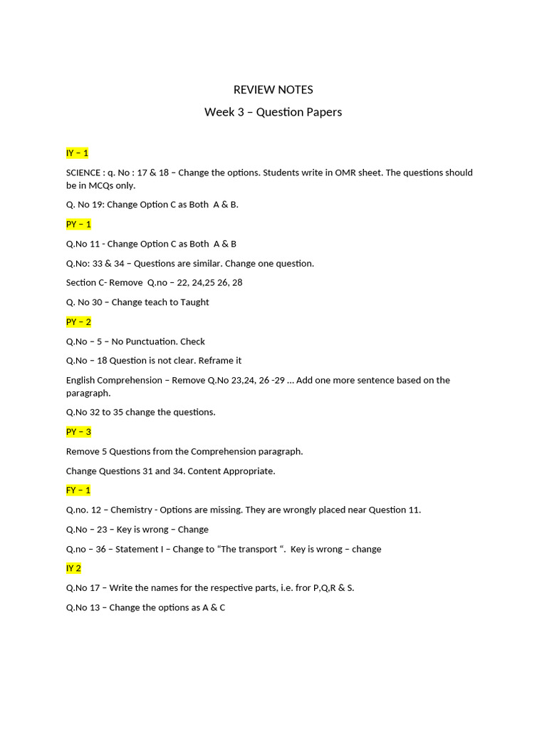 Week 3 Review Notes for Question Papers | PDF
