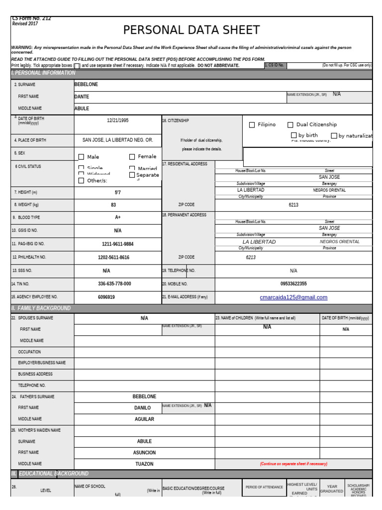 Personal Data Sheet Template | PDF | Government