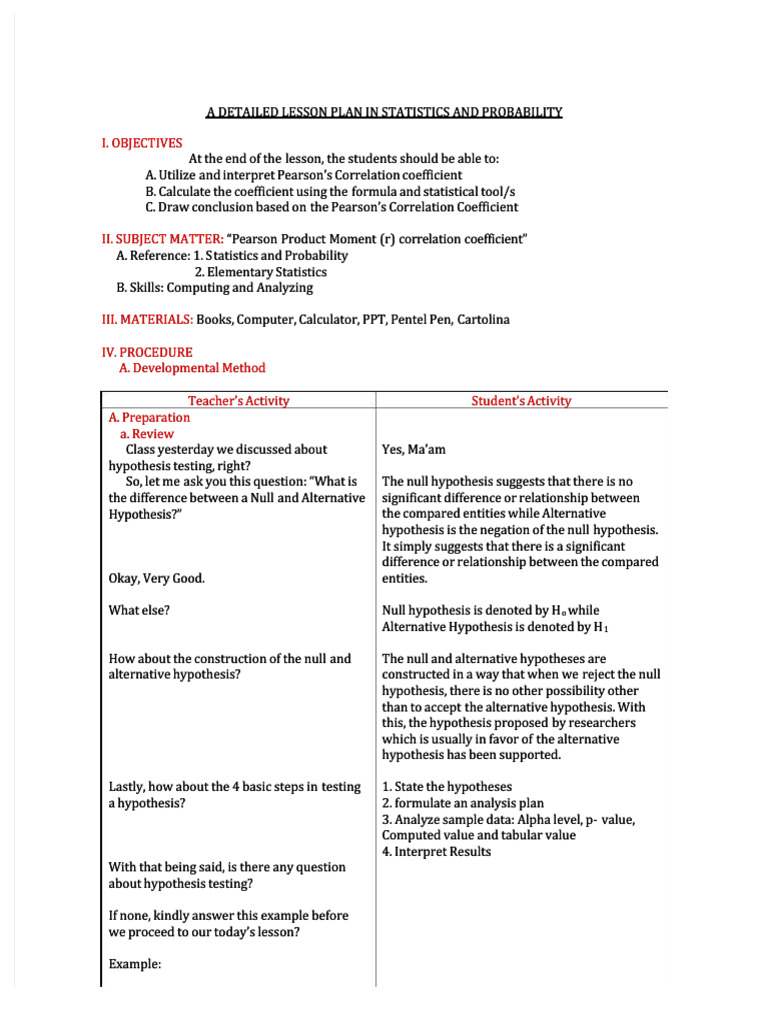 Pearson Correlation Lesson Plan | PDF | Statistics | Hypothesis