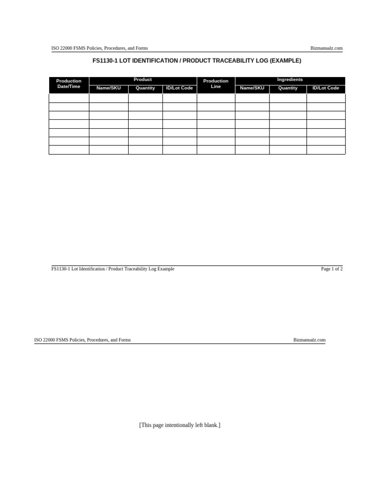 FS1130 1 Lot Identification Product Traceability Log Example | PDF