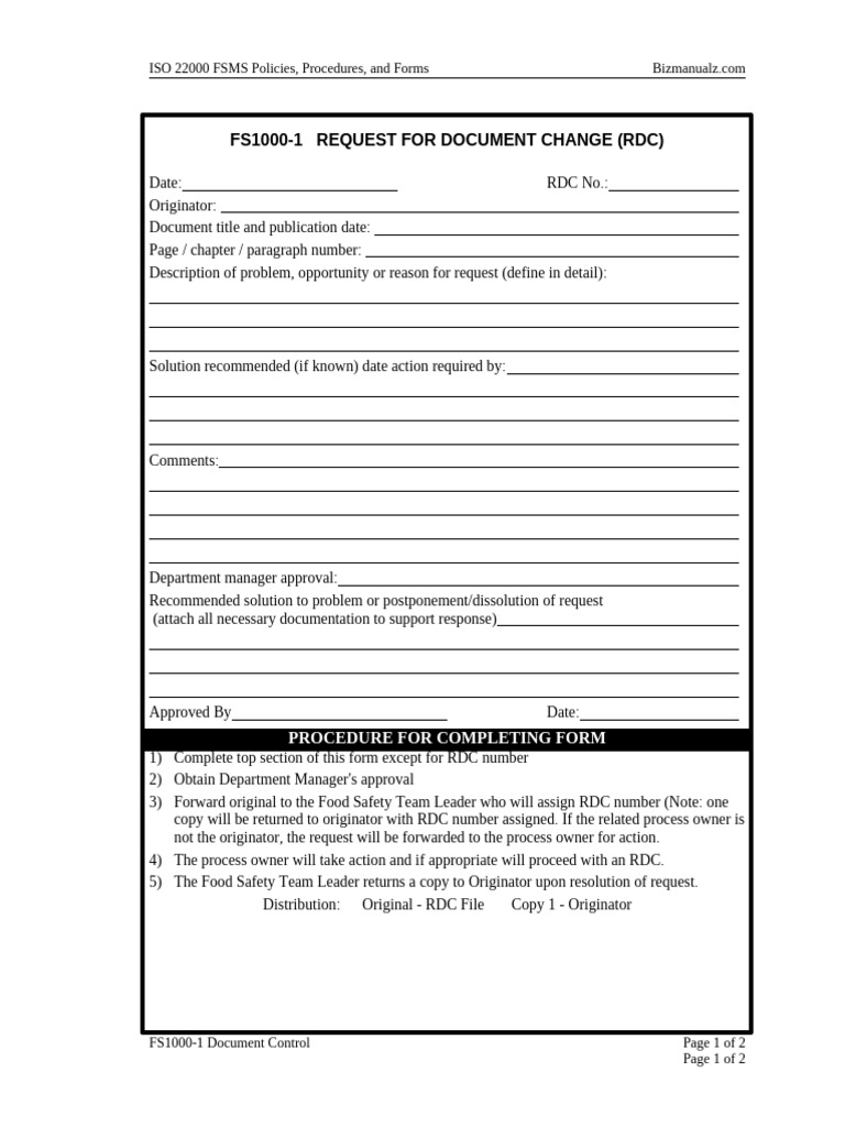 ISO 22000 FSMS Document Change Request | PDF