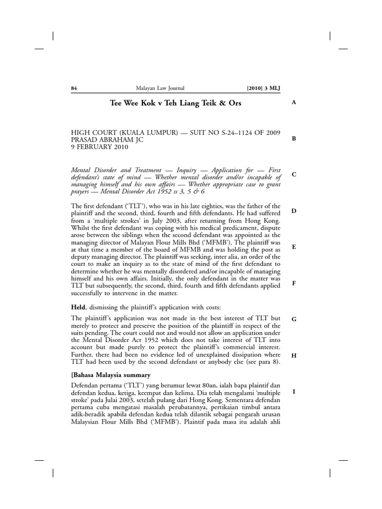 Tee Wee Kok V Teh Liang Teik & Ors | PDF | Lawsuit | Mind