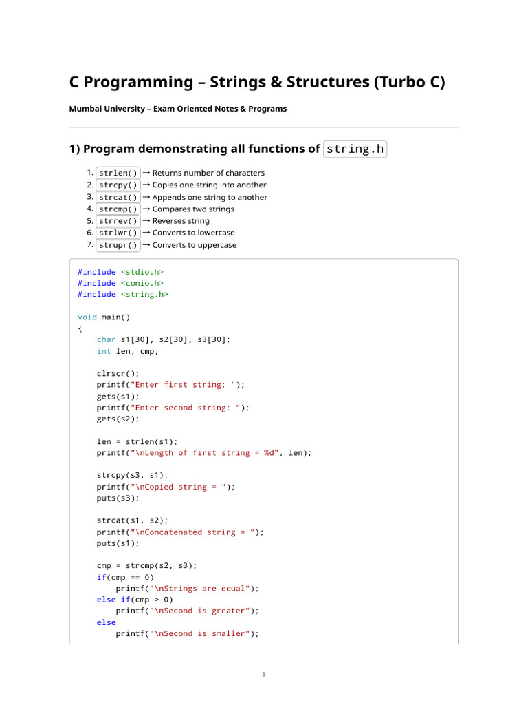 C Programming – Strings & Structures (Turbo C) (1) | PDF | String (Computer Science) | Computer Data