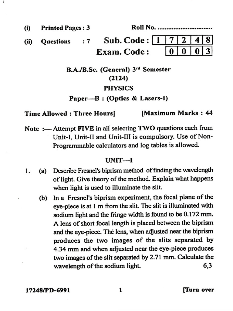 BA BSc_General_3rd Sem_Physics_Paper B_Optics & Lasers I_December 2024 ...