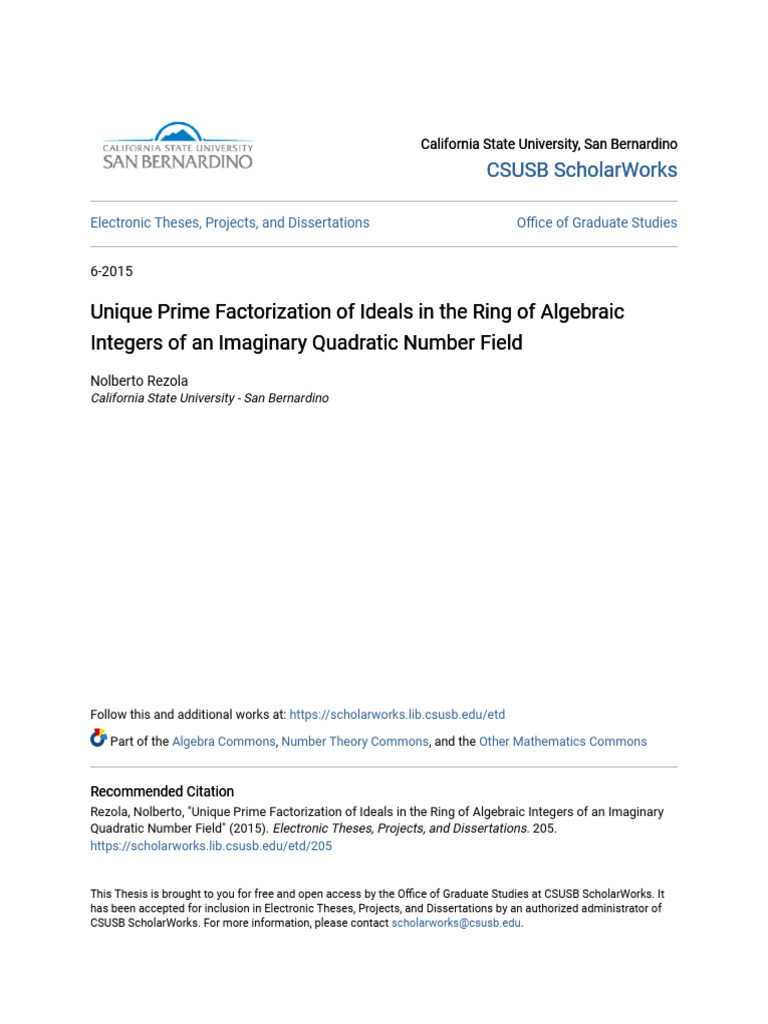 Unique Prime Factorization in Algebraic Integers | PDF | Ring ...