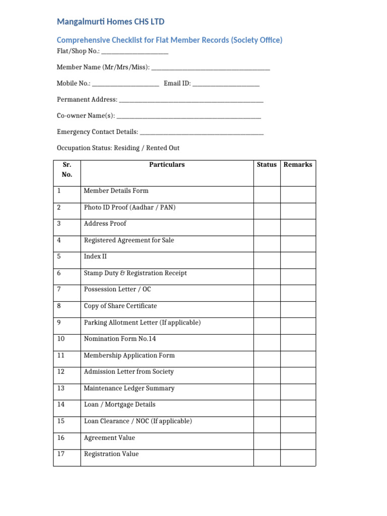 Flat Member Checklist MangalmurtiHomes | PDF