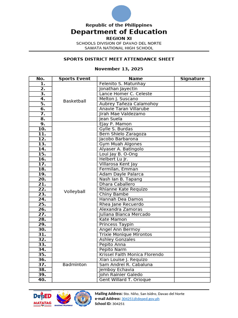 2025 Sports District Meet Attendance | PDF