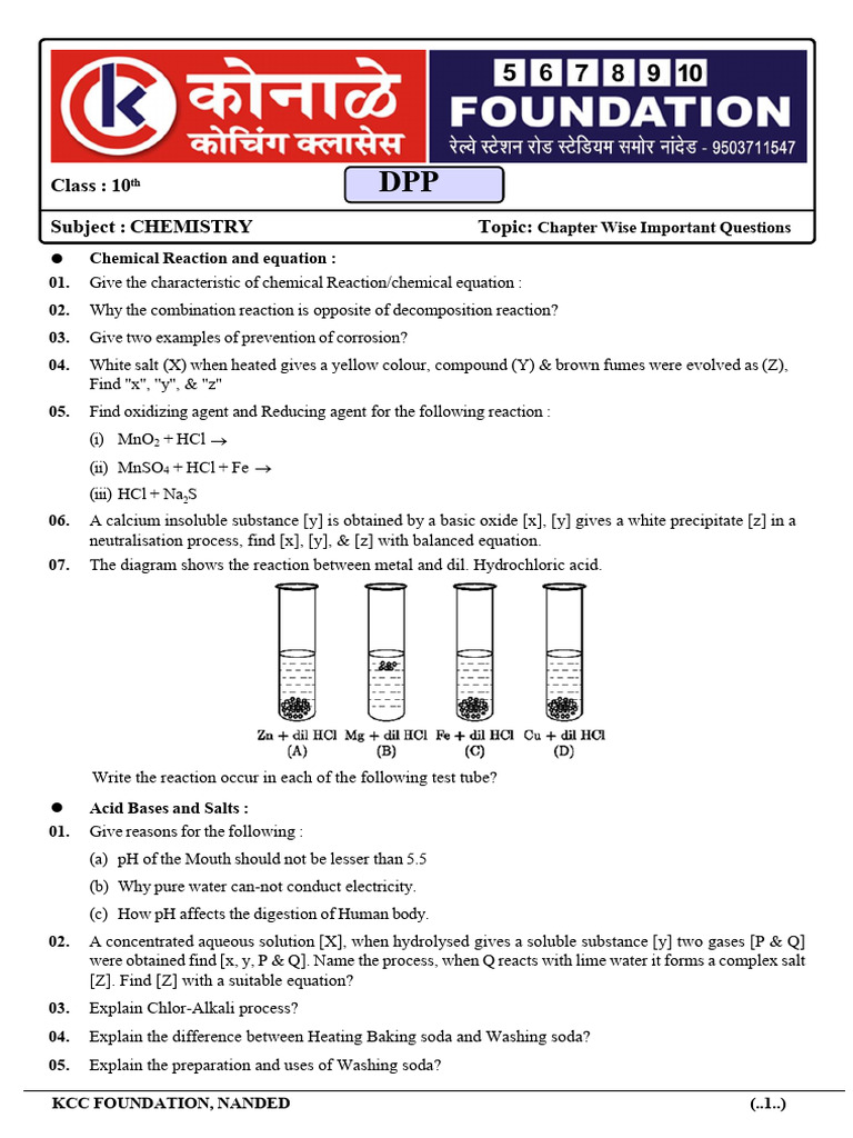 Class X Chemistry IMP Board Questions | PDF | Hydrochloric Acid ...