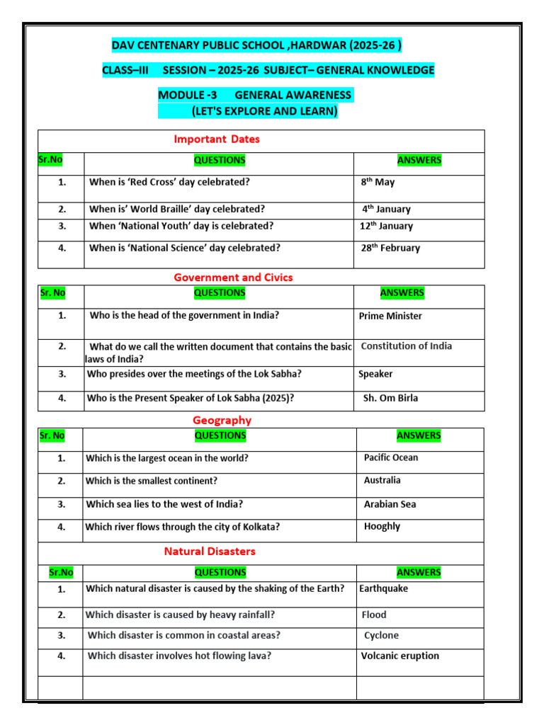 GK Module - 3 For Class 3 (2025-26) | PDF