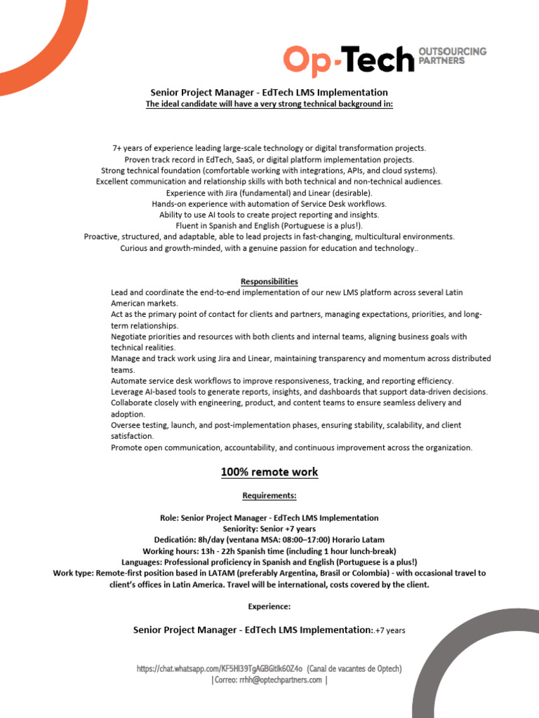 Senior Project Manager - EdTech LMS Implementation | PDF | Educational ...