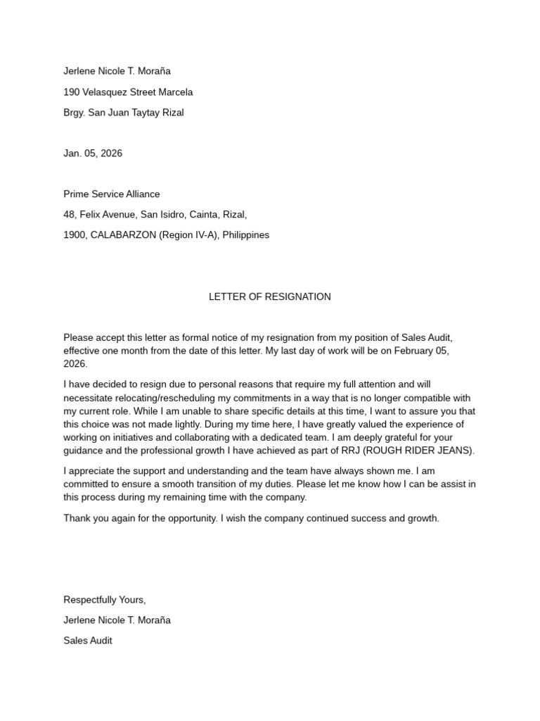 Resignation Letter from Sales Audit Role | PDF