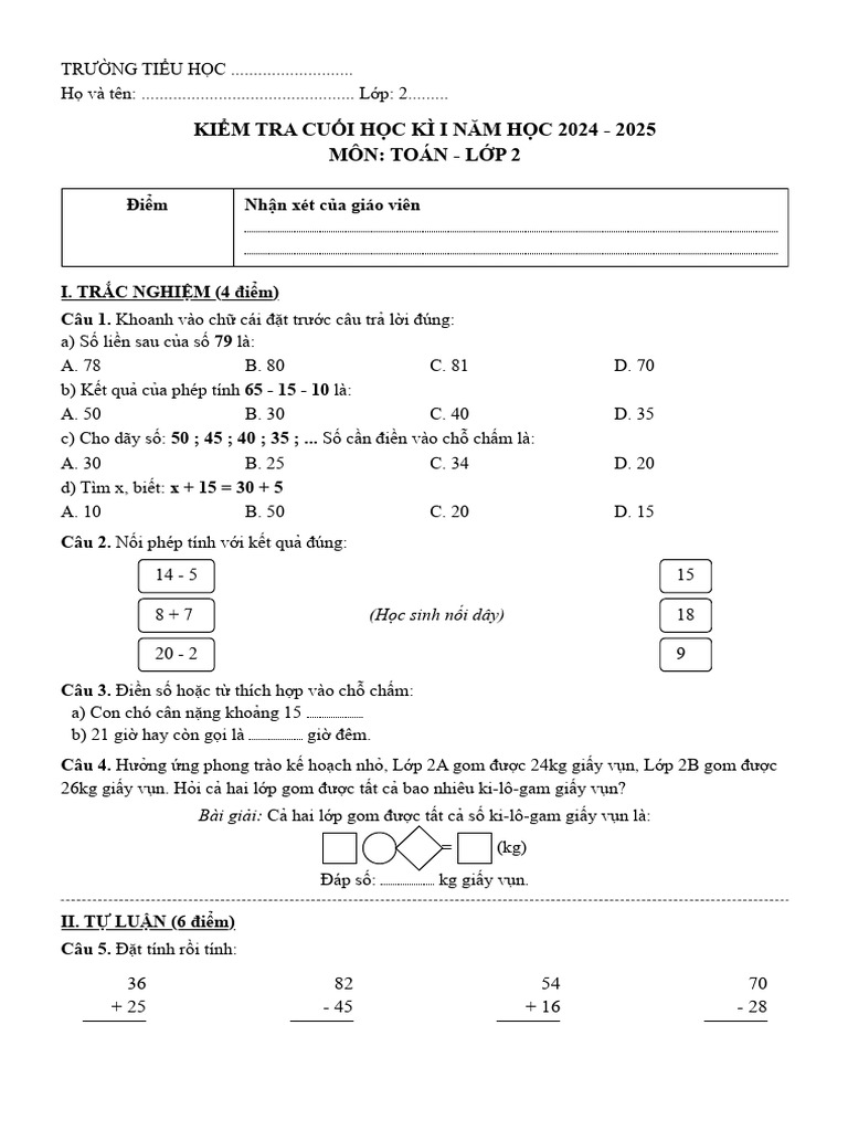 De Kiem Tra Toan Lop 2 | PDF