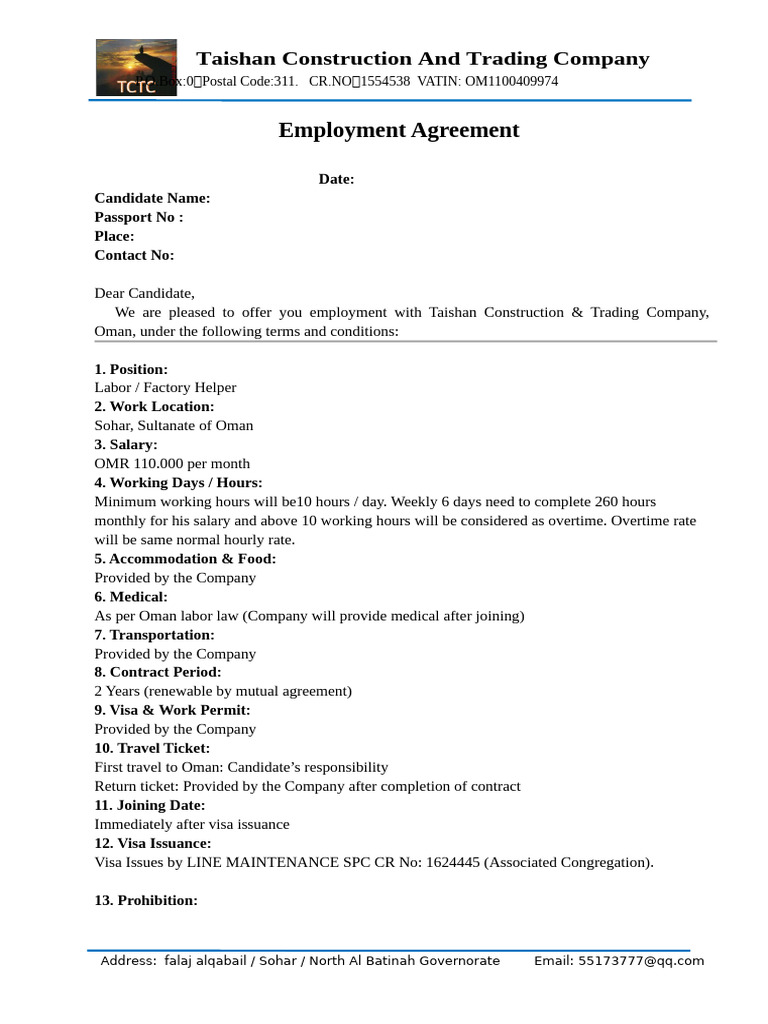 Employment Agreement for Factory Helper | PDF | Labor | Business