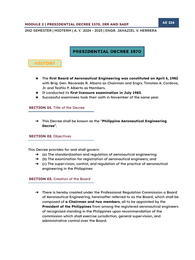 MIDTERM 224 NOTES _ MODULE 2 PD 1570 & IRR | PDF | Flight | Aircraft