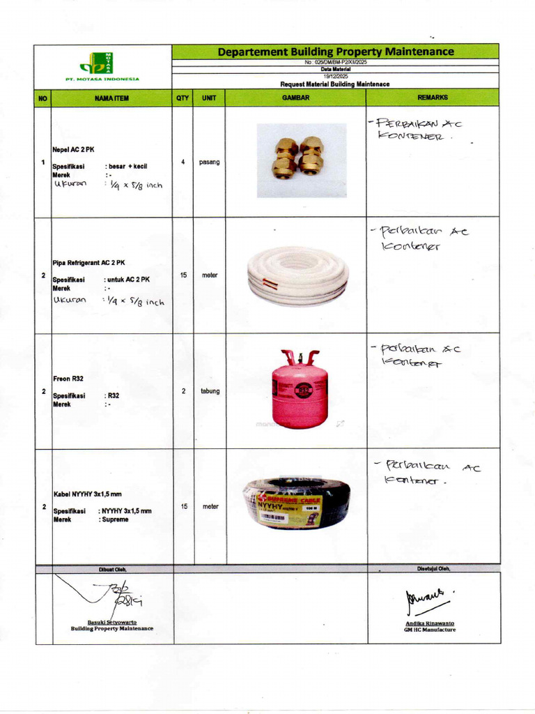 Permintaan Material Perbaikan AC | PDF