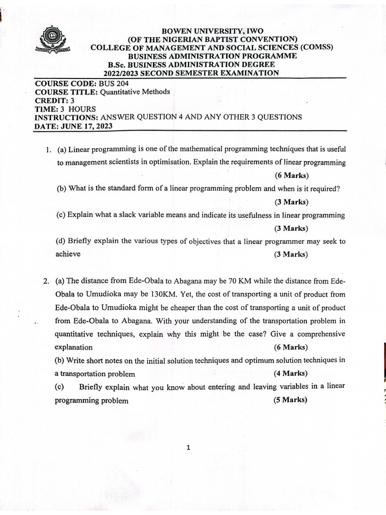 Bus 204 - Quantitative Methods - Second Semester Examination, 2022-2023 ...