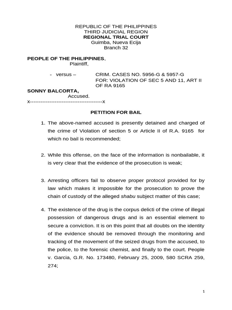 petition-for-bail-sonny-balcorta | PDF | Bail | Search And Seizure