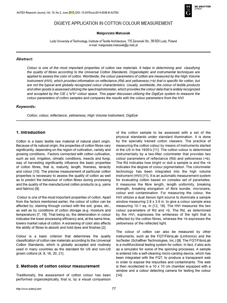 DigiEye for Cotton Colour Measurement | PDF | Color | Spectrophotometry