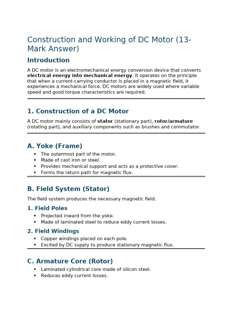 DC Motor: Construction and Working Explained | PDF | Electric Motor ...