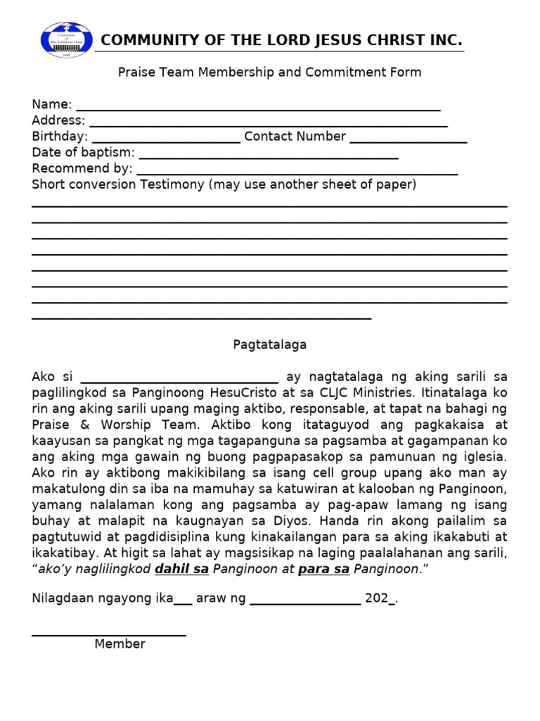 Praise Team Membership and Commitment Form | PDF | God In Christianity ...