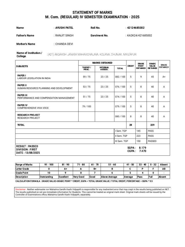 M.Com IV Semester Marks Statement 2025 | PDF | Educational Assessment ...