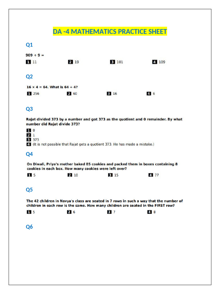 Math Da-4 Practice Sheet ( Division Part i and II) (1) | PDF