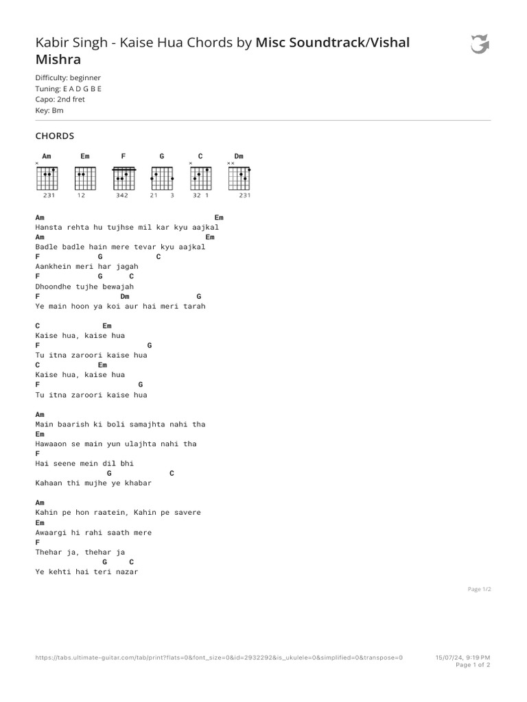 Kabir Singh - Kaise Hua Chords (Ver 2) by Misc Soundtracktabs ...