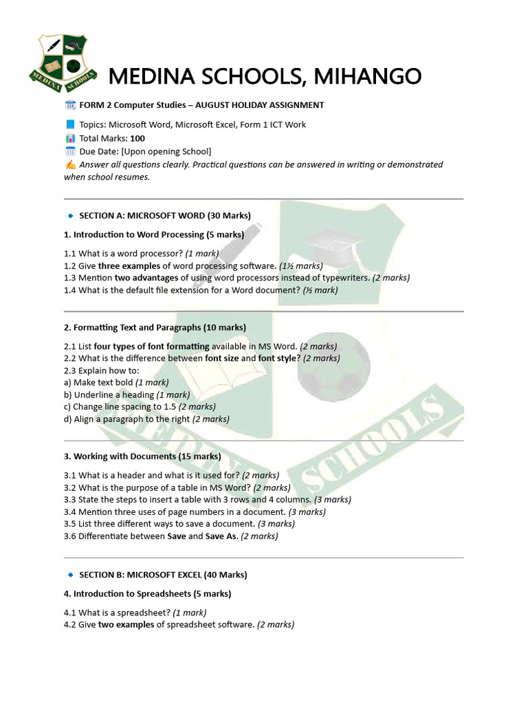 Form 2 Aug Holiday Assignment | PDF | Microsoft Word | Spreadsheet
