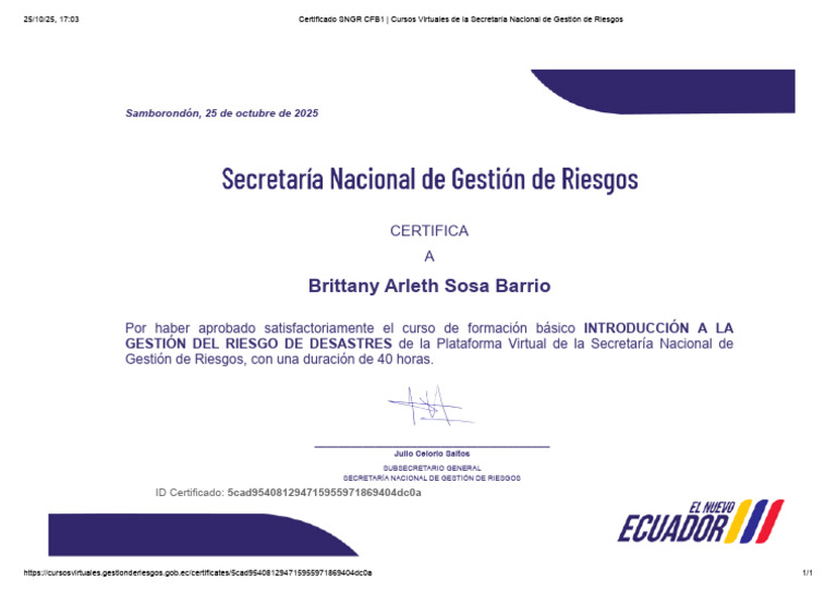 Certificado SNGR CFB1 _ Cursos Virtuales de La Secretaría Nacional de ...