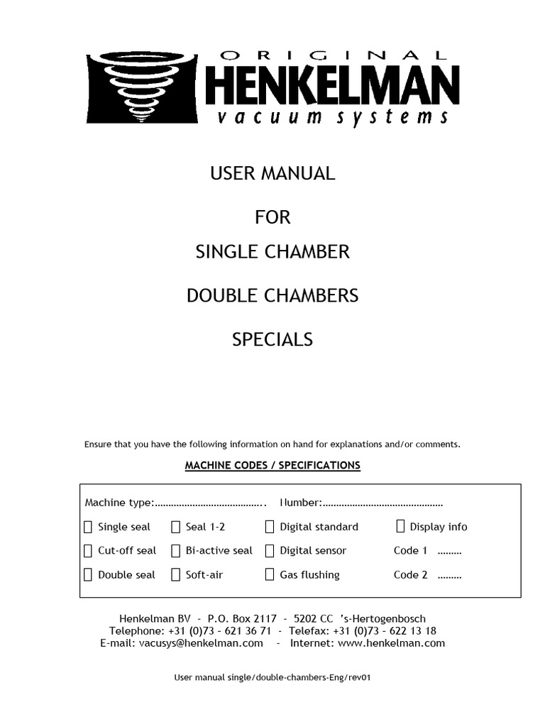 Henkelman User Manual: Vacuum Packaging Machines | PDF | Vacuum | Switch