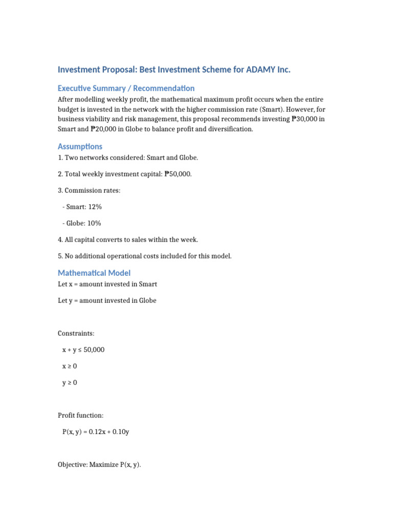 ADAMY Investment Proposal | PDF | Profit (Economics) | Diversification ...