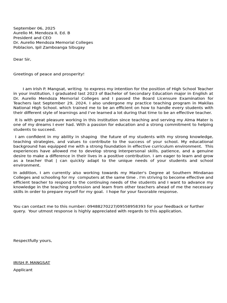Mangsat, Irish P.- Application Letter | PDF
