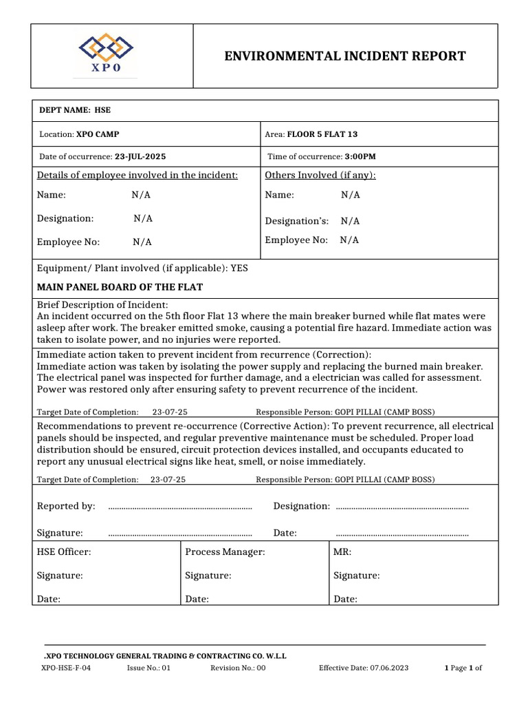4. Environmental Incident Report | PDF | Fire Safety | Safety